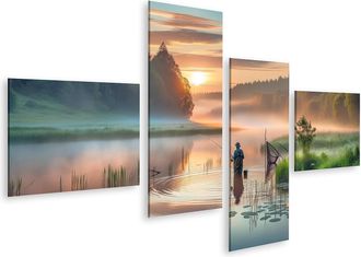 Islandburner Bild auf Leinwand Angler Am See Bei Sonnenaufgang Mit Nebel Und Wald Bilder Wandbilder Poster