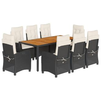 vidaXL Set Da Pranzo Da Giardino 9 Pz Con Cuscini Nero In Polyrattan - Vidaxl