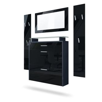 Vladon Garderobe Malea, Garderobenset bestehend aus 1 H&auml;ngeschuhschrank, 1 Wandspiegel und 2 Garderobenpaneele, Anthrazit matt/Schwarz Hochglanz