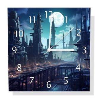 Wallario Design-Wanduhr Mondnacht in der Zukunft aus Glas, Motiv-Uhr Größe 30 x 30 cm, weiße Zeiger