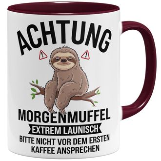 OM3 witzige Kaffee-Tasse mit Spruch - Faultier (Sloth) - ACHTUNG Morgenmuffel extrem launisch - Spruchtasse - Keramik Becher - 325ml - Beidseitig Bedruckt