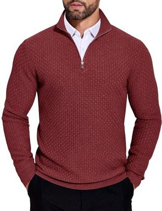 Coofandy Pull Homme Troyer Col Roulé Hiver avec Fermeture Éclair Manche Longue Léger Rouge Bordeaux XL