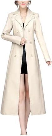 Generic Trench-coat en simili cuir pour femme - Automne Hiver Col Fourrure Double Boutonnage Revers crant&eacute; Long Manteau avec Ceinture, 7, S