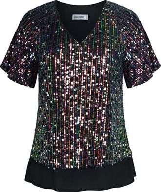 Grace Karin Femmes Top à Paillettes Manches Courtes Col V Soirée Fête Haut Brillant Élégant