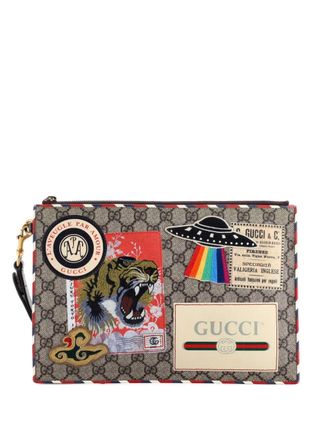 Gucci Courrier Pouch GG Coated Canvas with Applique clutch bag - Marron