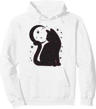 Trendy Apparel Minimalistic Black Cat Crescent Moon and Star Pullover Hoodie