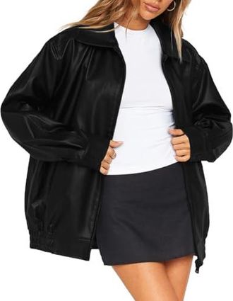 Minetom Veste en Simili Cuir Femme Fermeture Éclair Manteau Vintage Blouson Moto PU Veste Jacket Aviateur Style Boyfriend Zippé Casual Manteau A Noir XXL