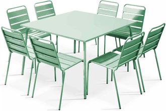 Oviala Ensemble table de jardin et 8 chaises en m&eacute;tal vert sauge - Palavas