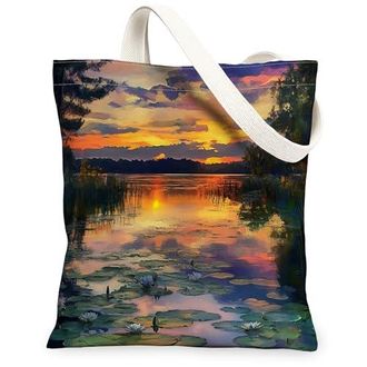 Generic Sac fourre-tout en toile r&eacute;utilisable pour le shopping 33 x 38 cm, motif fleurs de campagne, arbre de champ, sac d&eacute;picerie pour femme, peinture floral