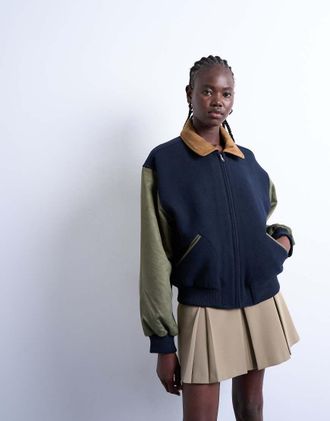 Topshop College-Bomberjacke aus Wildleder mit mehrfarbigem Kontrastdesign-Bunt