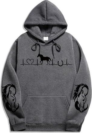 Generic Sweat &agrave; capuche &agrave; manches longues pour femme - Tendance dautomne 2024 - Imprim&eacute; cheval et coeur - Col rond - Grande taille - Cadeau quotidien pour fil