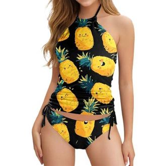 Generic Maillot de bain tankini push-up pour femme - S&eacute;chage rapide - Taille haute - Deux pi&egrave;ces - Maillot de bain vintage d&eacute;t&eacute;, Noir, XXL