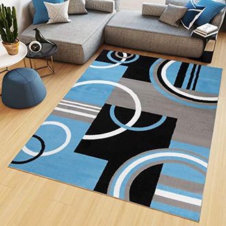 Tapiso Maya Tapis Poil Court Moderne Bleu Gris Noir Blanc G&eacute;om&eacute;trique Motif Lignes Cercles Tapis Salon Chambre Salle &agrave; Manger Adulte Bureau Oeko-TEX R&eacute;sistan