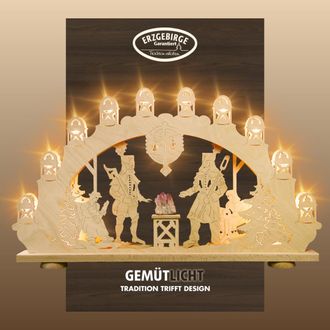 Weigla Schwibbogen original Erzgebirge I Motiv Bergmann I LED Lichterbogen Weihnachten I 15 Lampenkerzen + 1 Ersatzlampe I 15 x 16 V, 0,2 W, E10 I beleuchtet