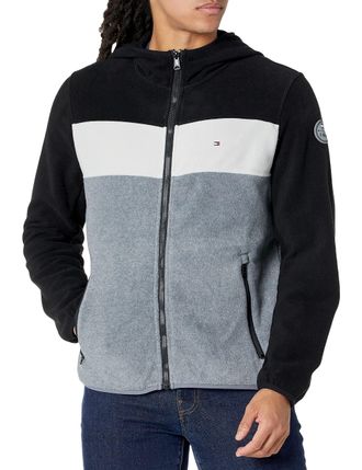 Tommy Hilfiger Herren Polarfleecejacke mit Kapuze Fleecejacke, Schwarz/EIS/Hellgrau, X-Small