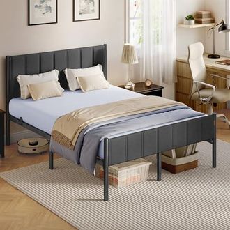 Vasagle Cadre de Lit Double, 140 x 190 cm, avec T&ecirc;te de Lit Rembourr&eacute;e, en Acier, Supporte Jusqu&agrave; 500 kg, Montage Facile, Gris Ardoise RMB973GN01