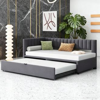Generic Multifunktionales L-förmiges Schlafsofa mit Ausziehbett 90/180 * 200cm, Polsterbett in Samtstoff, platzsparendes Design für Kinderbett, Gästebett Grau