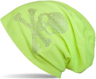 styleBREAKER Klassische Beanie M&uuml;tze mit Totenkopf Strass Applikation, Unisex 04024034, Farbe:Neongelb, Materialart:leicht