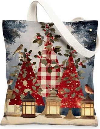 Generic Sacs fourre-tout en toile motif arbres de No&euml;l, vintage, rustique, l&eacute;ger et lavable, sacs de courses pour courses, Rouge, 13x15 Inch