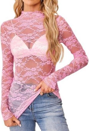 Generic Haut en dentelle pour femme, haut &agrave; manches longues en dentelle pour femme, haut transparent &agrave; manches longues en maille pour femme, rose, XXL