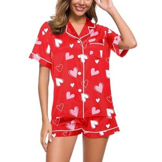 Generic 2026 Saint-Valentin Femmes Mode Imprim&eacute; Home Wear Set Loose Confortable Casual Manches Courtes Blouse Shorts Deux Pi&egrave;ces, Rouge, XXL