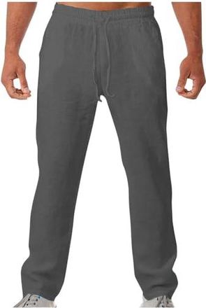Generic Pantalon chino d&eacute;t&eacute; en coton et lin pour homme - Taille &eacute;lastique - Pantalon chino fusel&eacute; en serg&eacute; de coton avec poches - Pantalon respirant, gris, XX