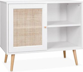 Sweeek Sweeek - Meuble de rangement en cannage 80x39x65.8cm Bohème - Blanc - 2 niveaux - 1 porte - pieds scandinaves. buffet bas