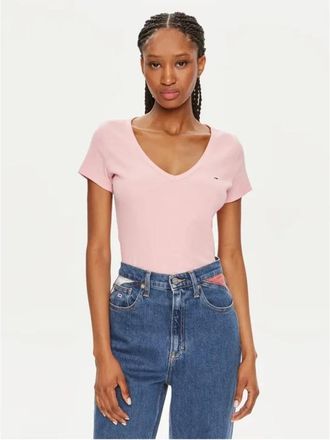 Tommy Jeans Femme, Tops, Rose, Taille: 40 FR T-shirt ajust&eacute; &agrave; col en V en maille c&ocirc;tel&eacute;e