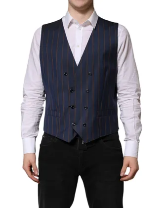 Dolce & Gabbana Blue Stripes Wool Formal Men Waistcoat Vest Virgin Clothing