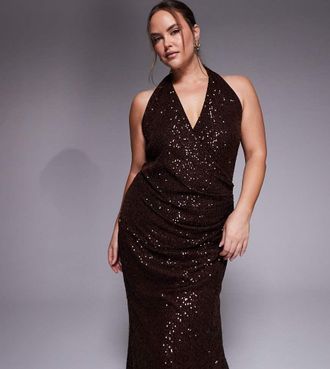 Asos Curve ASOS DESIGN Curve - Tief ausgeschnittenes Pailletten-Maxikleid in Schokobraun-Brown