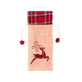 Shatchi Weinflaschen-Lik&ouml;r-Abdecktasche mit Kordelzug, bedrucktes Muster, Jute, Sackleinen, Tischdekoration, Rentier/Schneemann/Rotkehlchen/Weihnachtspudding,