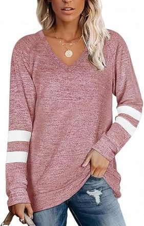 Generic Hauts de grande taille pour femmes, T-shirts ray&eacute;s &agrave; manches longues et col en V, bloc de couleurs, tuniques d&eacute;contract&eacute;es, sweat-shirt tendance dauto