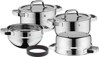 WMF Compact Cuisine Topfset Induktion 4-teilig, Kochtopf Set mit Glasdeckel, Cromargan Edelstahl poliert, Töpfe Set unbeschichtet, Innenskalierung