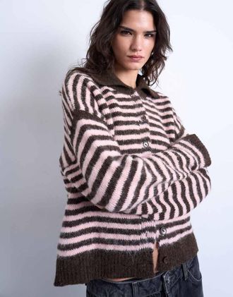 Topshop Gestreifte Strickjacke mit Kragen-Brown