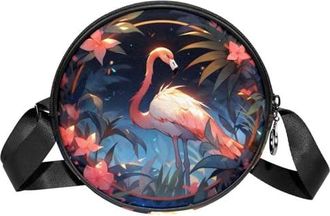 Generic Sac &agrave; bandouli&egrave;re rond pour femme, motif flamants roses, petit sac &agrave; bandouli&egrave;re avec fermeture &eacute;clair, bretelles r&eacute;glables, sac &agrave; main rond d&eacute;contrac