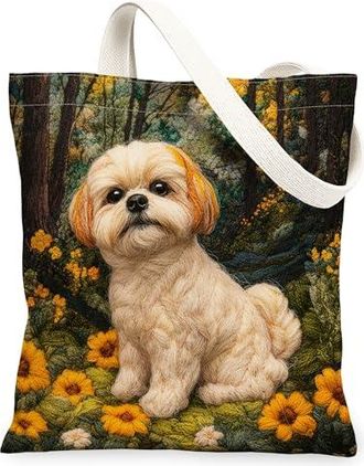 Generic Spring Shih Tzu Sac fourre-tout en toile pour faire du shopping, 33 x 38,1 cm, style tricot&eacute;, sac r&eacute;utilisable &agrave; motif imprim&eacute; de chien, sac d&eacute;picerie