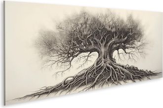 Islandburner Prime Bild auf Leinwand Verwobene Wurzeln eines majest&auml;tischen alten Baumes im Nebel - Leinwand 120x40cm - Panorama