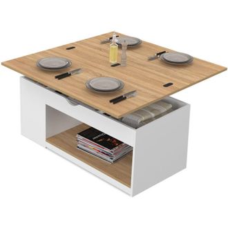 IDMarket Table basse plateau relevable rectangulaire convertible en table &agrave; manger ELEA 100 cm bois blanc et fa&ccedil;on h&ecirc;tre