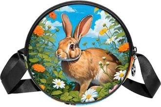 Generic Petit sac &agrave; bandouli&egrave;re circulaire pour femme, motif floral, lapin, sac &agrave; dos &agrave; bandouli&egrave;re avec fermeture &eacute;clair, bretelles r&eacute;glables, sac &agrave; main ron