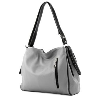 modamoda.de T119 / T220 Damen Leder Schultertasche Umhängetasche 2 Größen handmade in Italy, Farbe:Grau/Schwarz