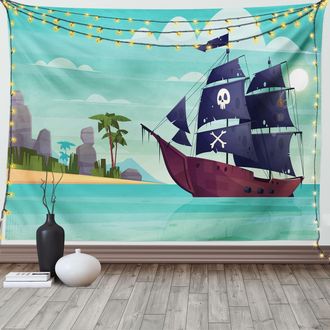 Abakuhaus blau Wasser Wandteppich, Piraten-Schiff auf dem Wasser, aus Weiches Mikrofaser Stoff Klare Farben ohne verblassen Druck, 230 x 140 cm, Mehrfarbig