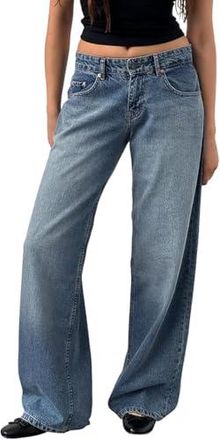 Generic Jeans Y2K taille basse pour femmes, style baggy, coupe droite et large, style boyfriend, en denim, avec poches, pour un look d&eacute;contract&eacute;, Bleu E, M