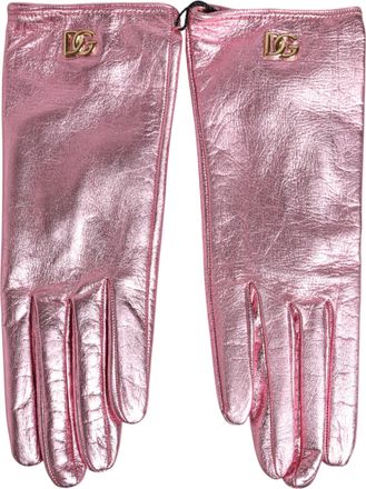 Dolce & Gabbana Womens Pink Leather Dg Logo Wrist Length Mitten Gloves 32+pu