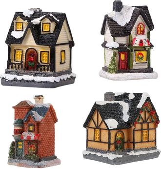 SOLUSTRE LED Weihnachtshaus Beleuchtet Weihnachtsdorf Weihnachtsstadt: 4 Stücke Harz Häuser Winterdorf mit Beleuchtung Miniatur Haus Weihnachten Dekoration Moo