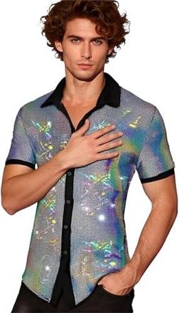 Generic Chemise pour homme &agrave; manches courtes et paillettes brillantes, col &agrave; revers, chemise boutonn&eacute;e, coupe d&eacute;contract&eacute;e, chemise brillante, sans plis, resp