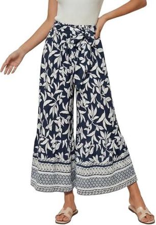 Generic Robe boh&egrave;me 2026 pour femme, imprim&eacute; floral boh&egrave;me, pantalon palazzo, jambes larges, taille haute, taille &eacute;lastique, avec ceinture &agrave; nouer, pantalon d