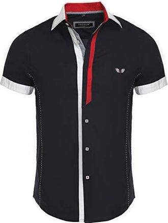 Carisma Chemise décontractée à manches courtes pour homme - Coupe ajustée avec col Kent 9007, Noir, L