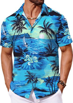Coofandy Hawaii Hemd M&auml;nner Strand Hemden Herren Kurzarm Leichte Sommerhemden Button Down Hawai Hemden Beach Hemd Blumen Kurzarmhemden Palme Blau 3XL