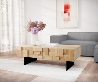 DELIFE Couchtisch Puzzle 120 cm 4 Schubf&auml;cher Eiche Natur Fu&szlig; schwebend Metall schwarz, Couchtische