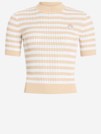 Patou Womens Cotton Sweater With Striped Pattern White-Beige White/beige